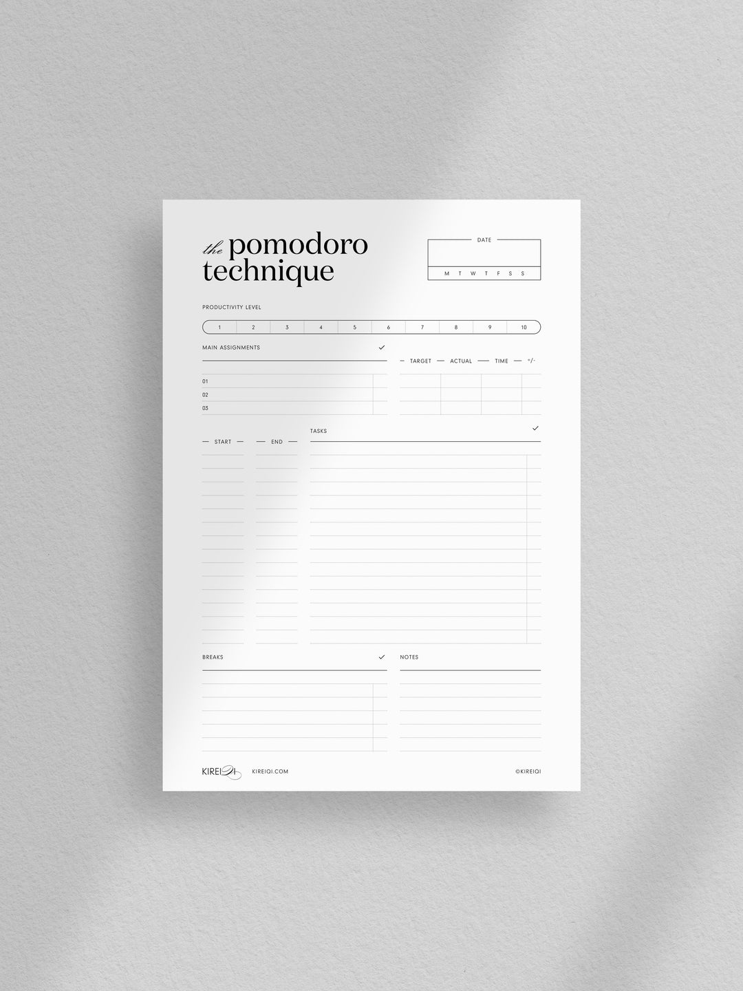 Pomodoro Technique - Worksheet - 1 Page - (V1) – KireiQi